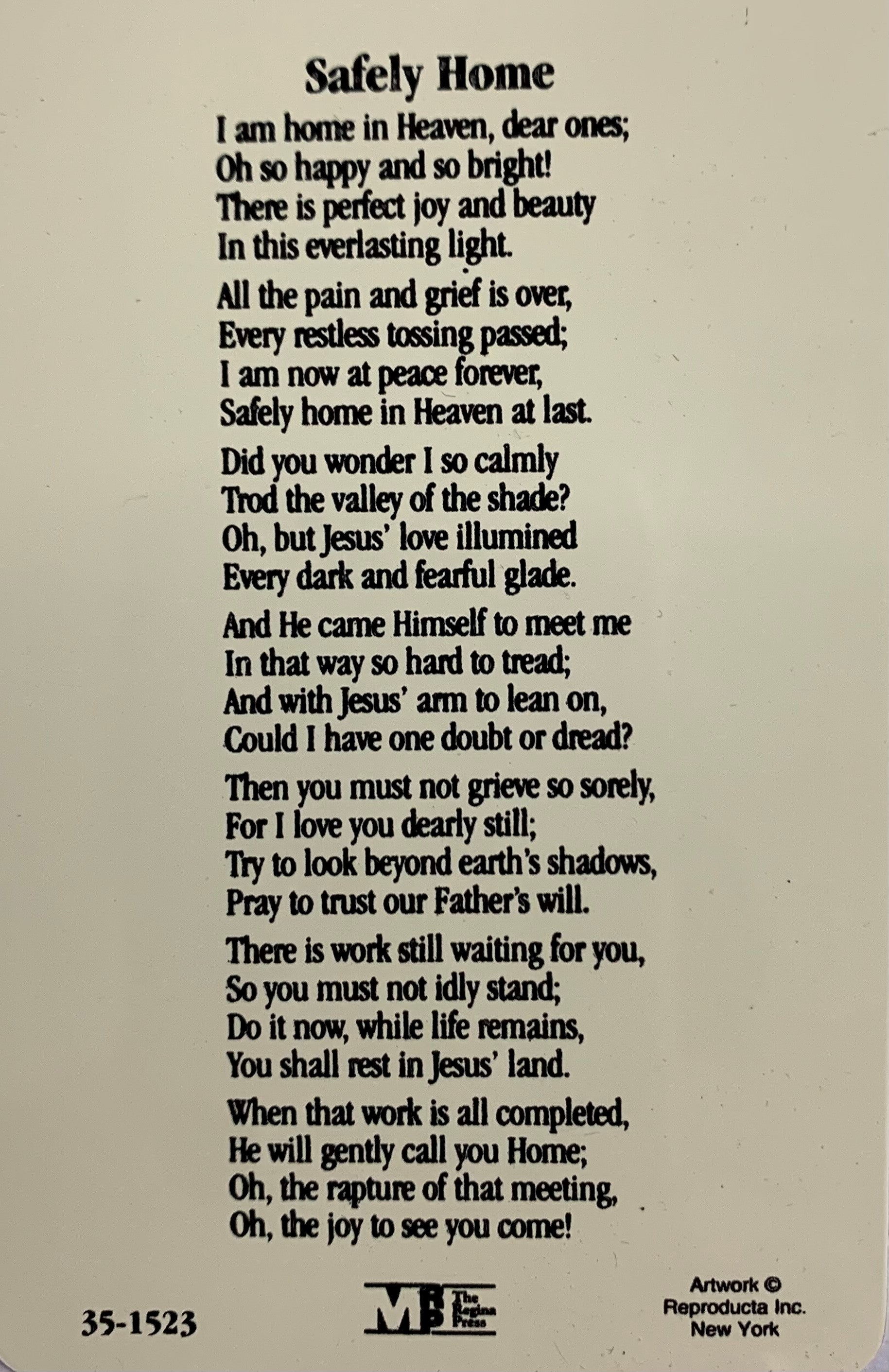 35-1523 Safely Home Prayer Card– Patrick Baker Church Goods